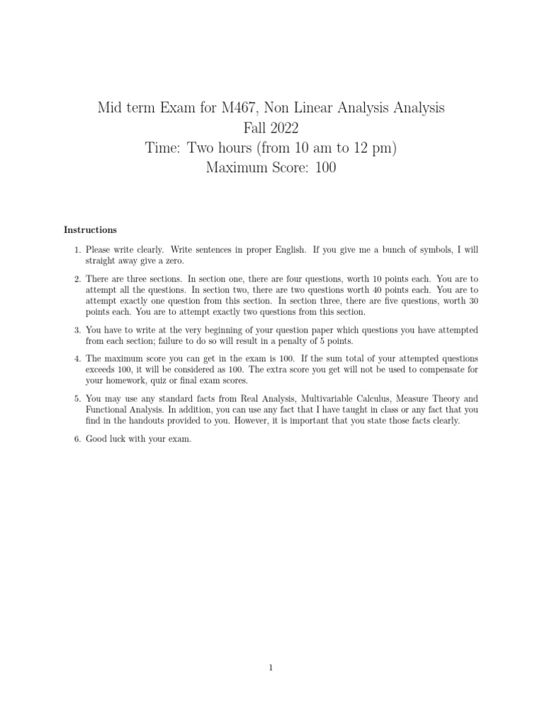 Mid Term Exam NLA Fall 2021 | PDF | Function (Mathematics) | Derivative
