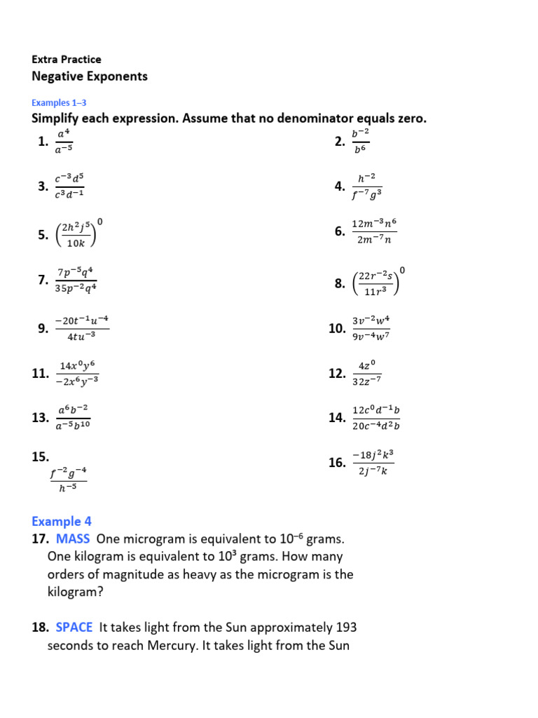 Negative Exponents - Extra Practice | PDF