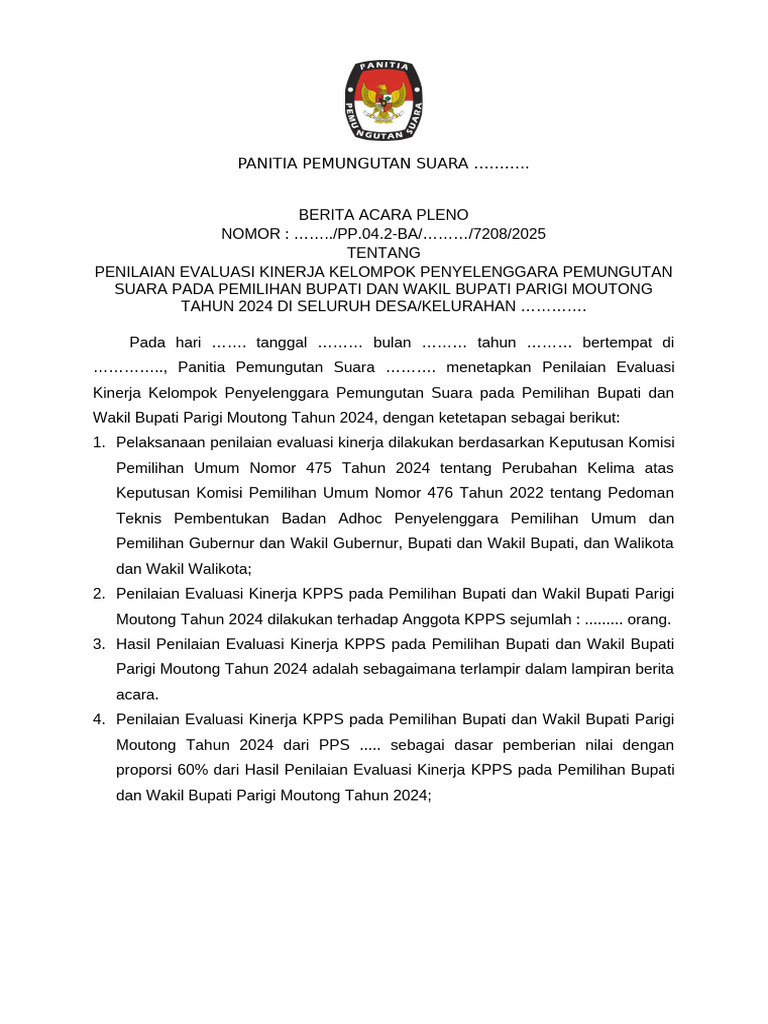 2 Berita Acara Penetapan Nilai Evaluasi Kinerja KPPS Dari PPS | PDF