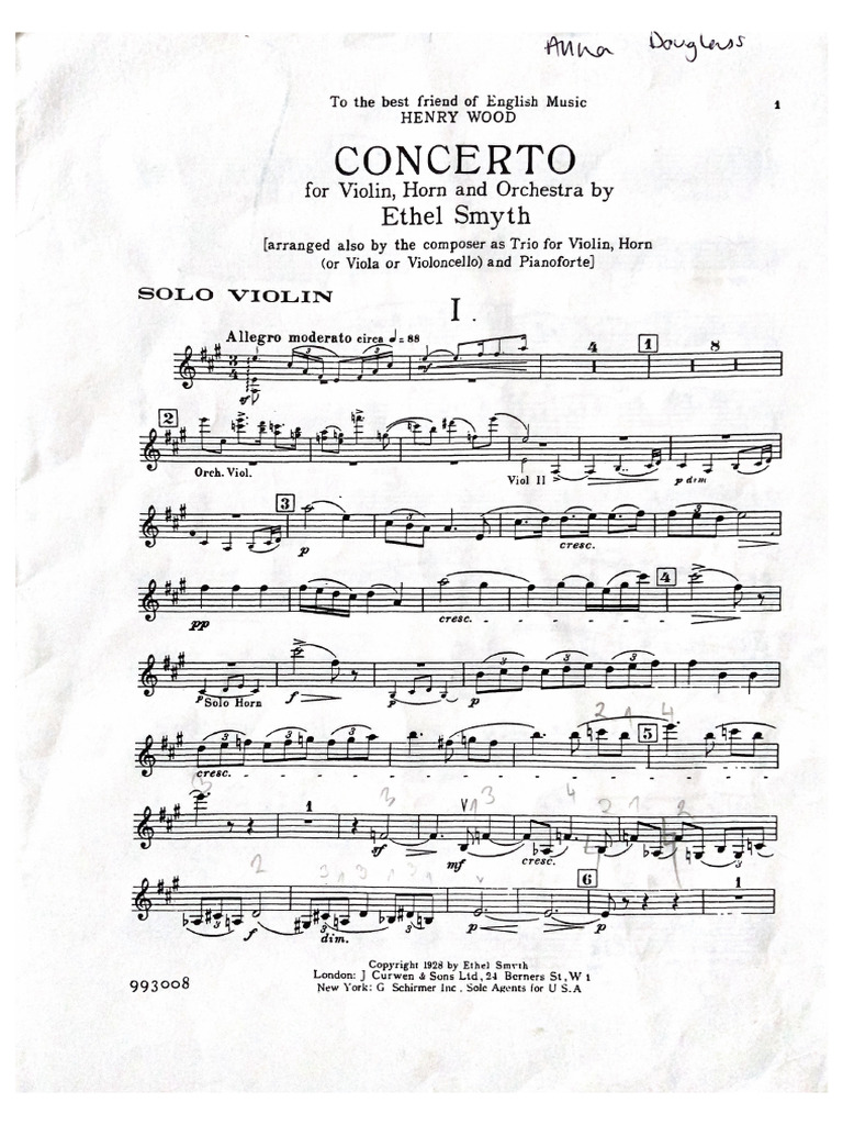 Ethel Smyth: Concerto For Violin and Horn (Violin Part) | PDF