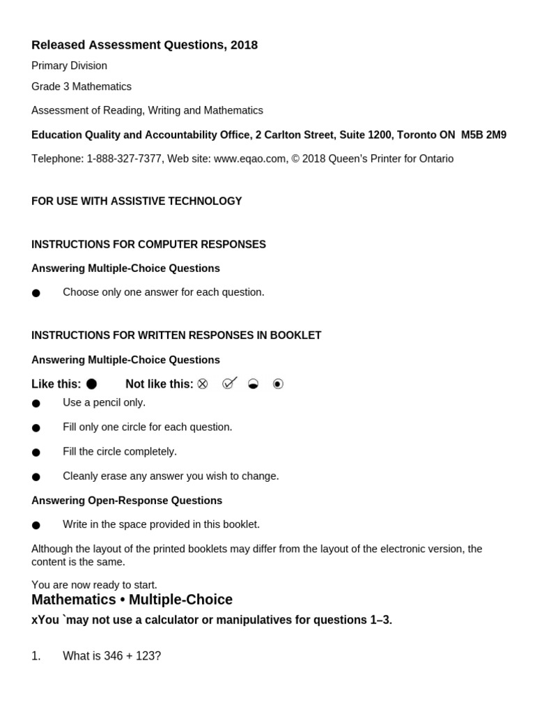 2018 Gr. 3 Mathematics - Released Questions - GoogleRW | PDF
