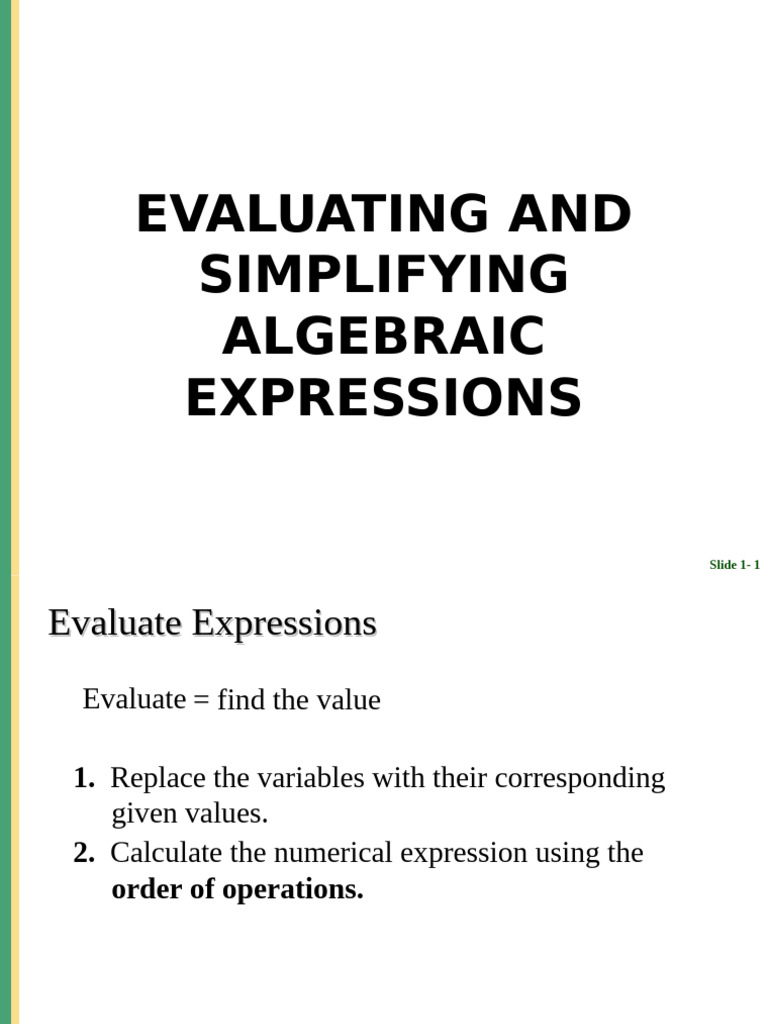 Math 7 Evaluating and Simplifying Algebraic Expressions | PDF ...