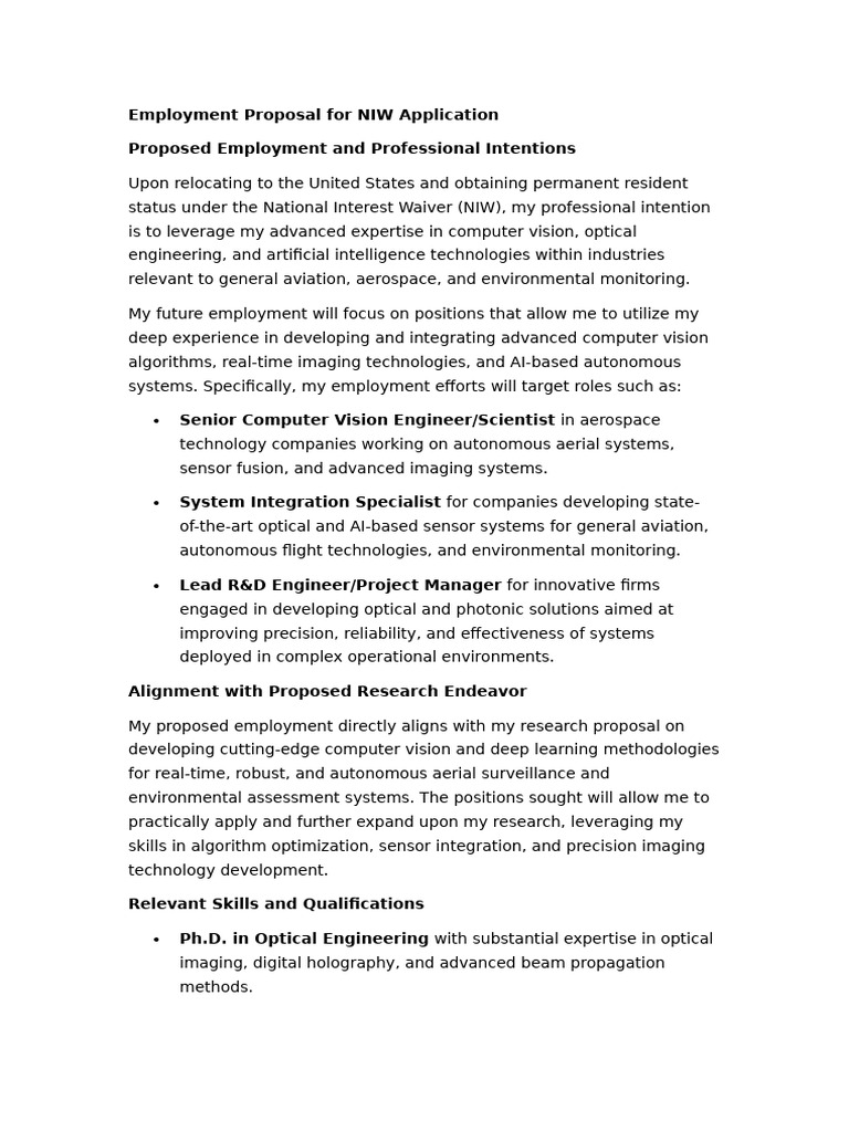 Employment Proposal for NIW Application | PDF | Artificial Intelligence ...