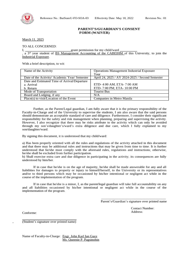 Parent Consent Form for Industrial Exposure | PDF | Justice | Crime & Violence