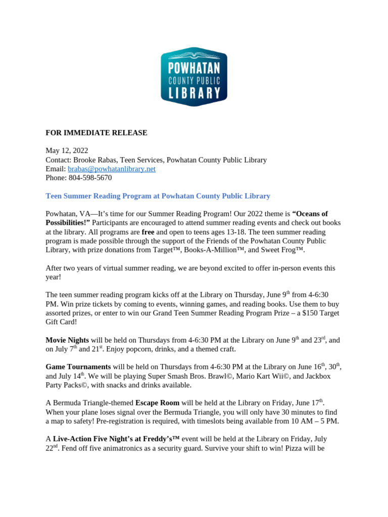 Press Release Teen Summer Reading Program 2022 | PDF
