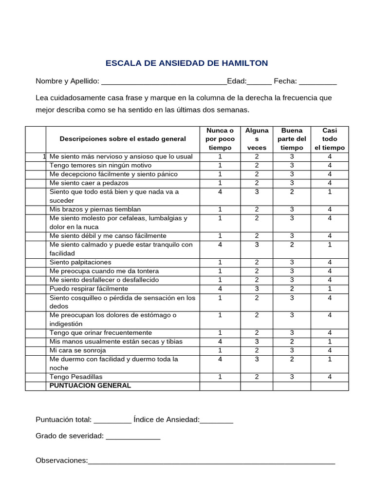 Escala de Ansiedad de Hamilton | PDF | Ansiedad | Enfermedades y trastornos