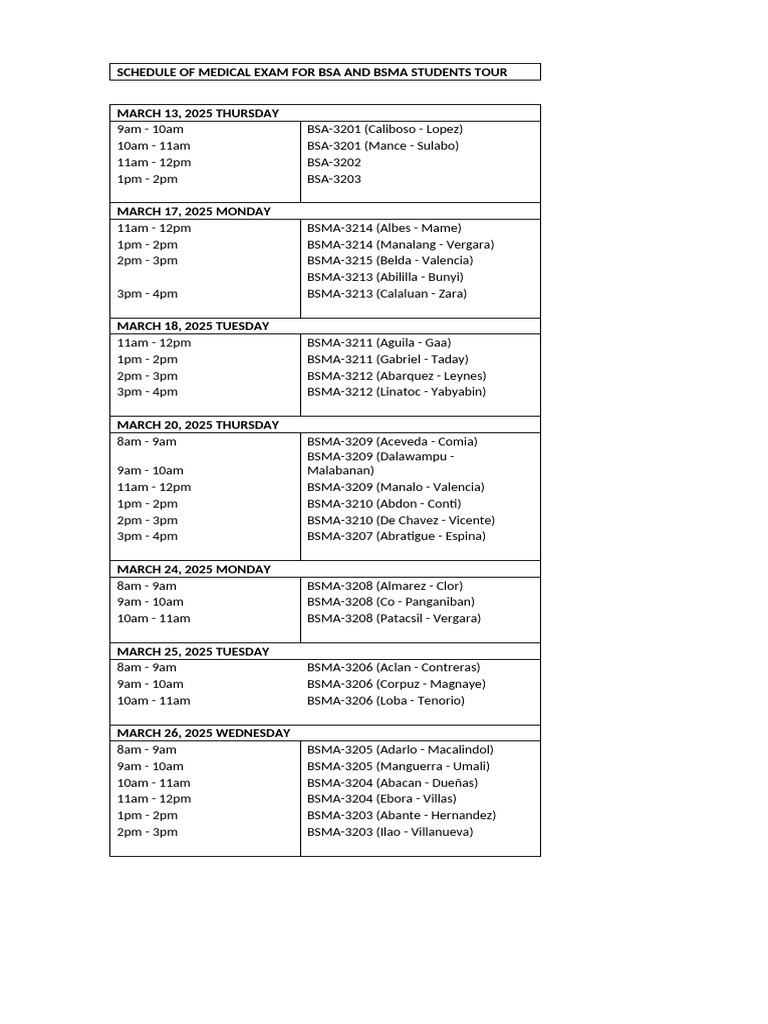 Schedule of Medical Exam For Bsa and Bsma Students Tour | PDF