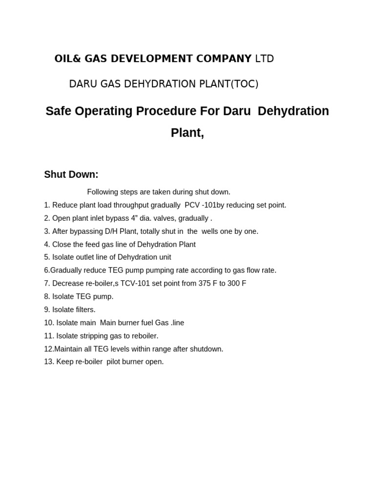 SOP, S Gas Dehy Plant. | PDF