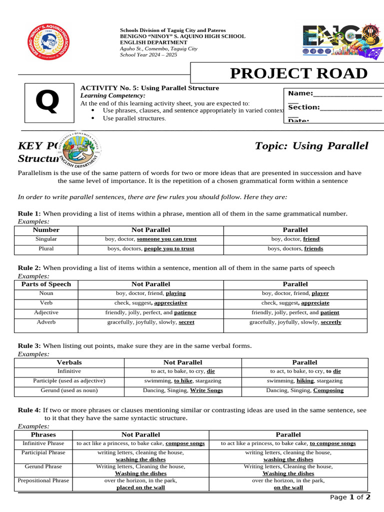 Enhanced Project Road Activity Using Parallel Structure | PDF | Grammar ...
