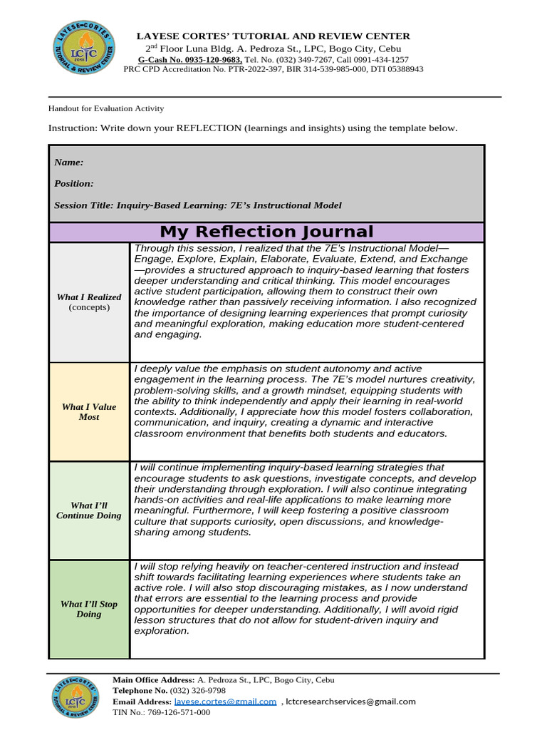 7E’s Instructional Model Reflection Guide | PDF | Inquiry Based ...