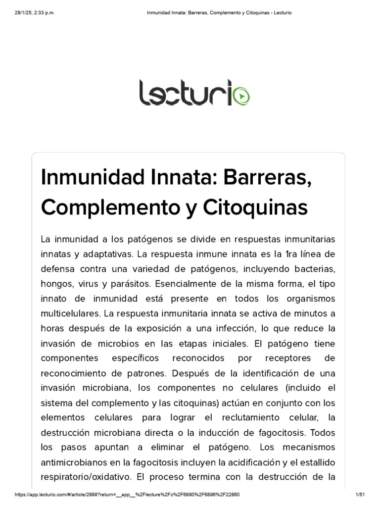 Inmunidad Innata - Barreras, Complemento y Citoquinas - Lecturio | PDF | Sistema complementario ...