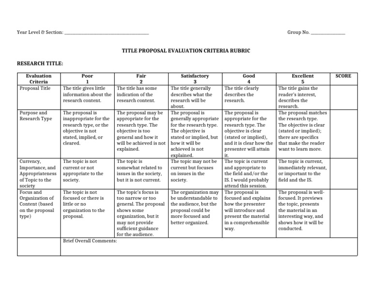 Title Proposal Evaluation Criteria Rubric | PDF | Evaluation | Cognition
