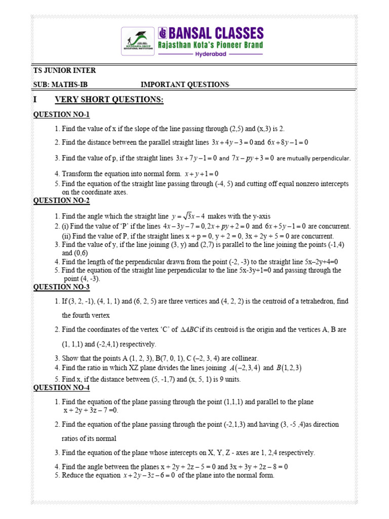 Ts JR Maths Ib Imp Questions-2023 | PDF | Area | Line (Geometry)