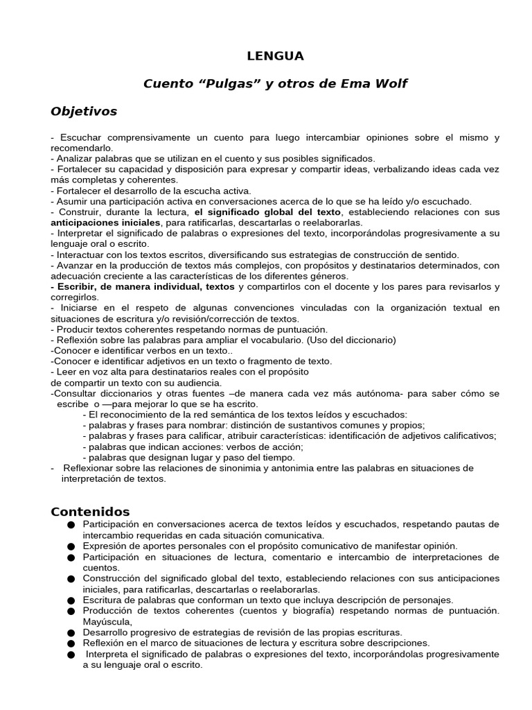Lengua Secuencia 2 - Act. Cuento Pulgas y Otros de Ema Wolf | PDF | Escritura | Puntuación