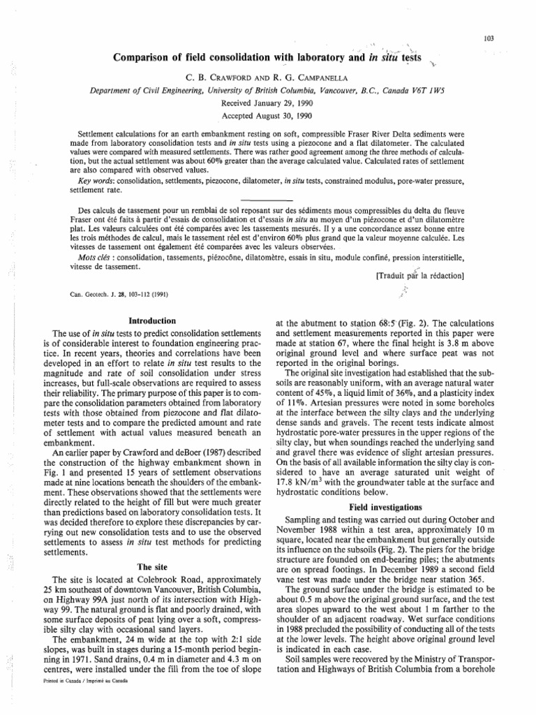 Comparison of Field Consolidation With Laboratory and in Situ Tests ...