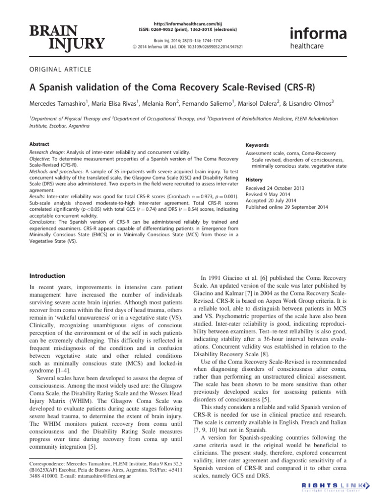 A Spanish Validation of The Coma Recovery Scale-Revised (CRS-R) | PDF | Coma | Traumatic Brain ...