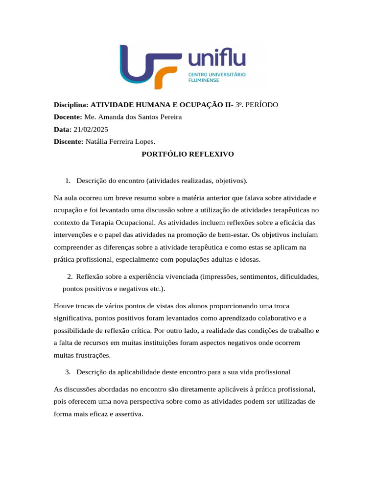 PORTFÓLIO REFLEXIVO - Modelo-1 | PDF | Psicoterapia | Experiência