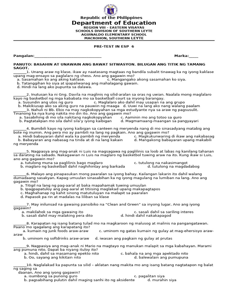 Diagnostic Test in Esp With Key Ans & Tos | PDF