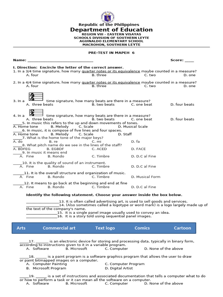 Diagnostic Test in Mapeh With Key & Tos | PDF | Pollution | Logos