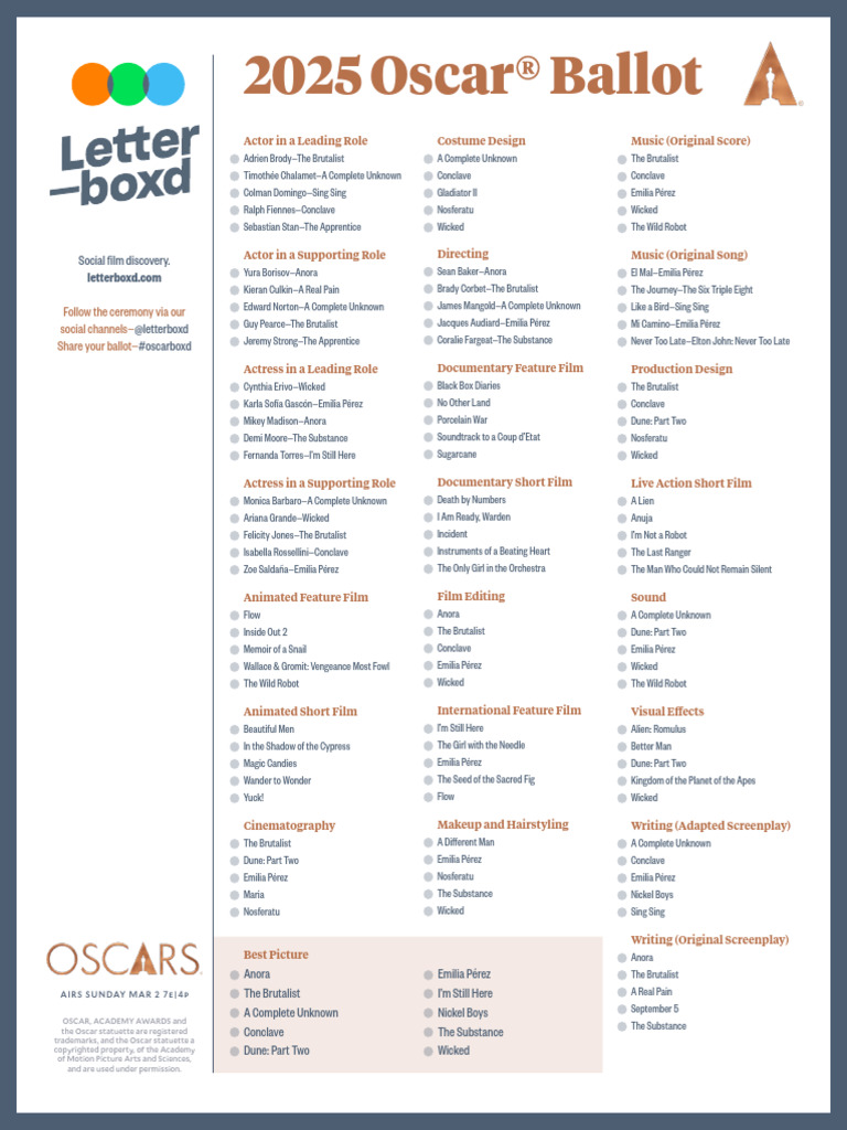 Letterboxd 2025 Oscar Ballot | PDF