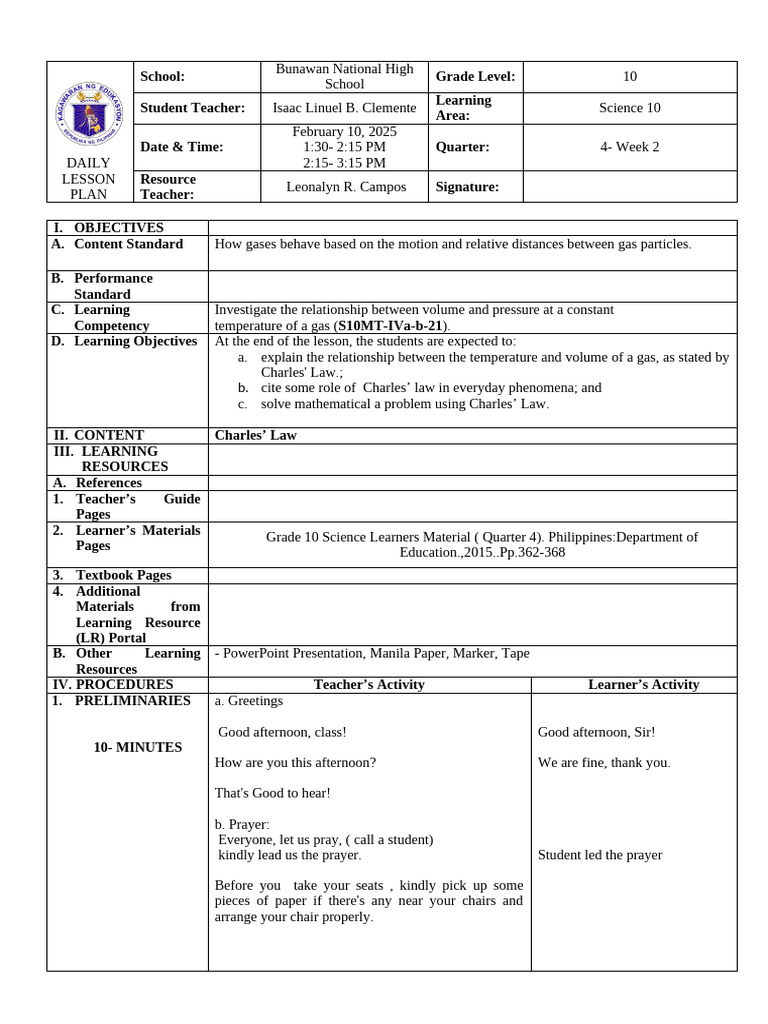 Clemente, Isaac Linuel B - g10 q4 w2 LP | PDF | Gases | Temperature