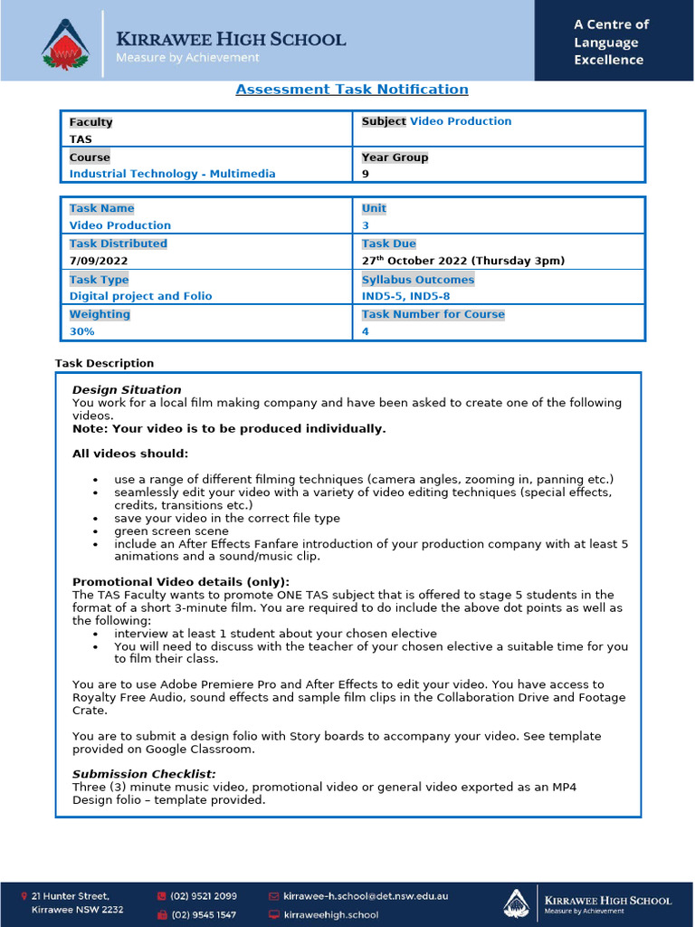 Video Production Assessment Task Guide | PDF | Editing | Video