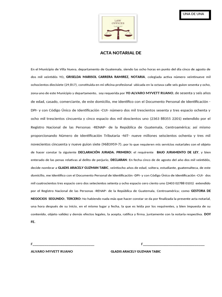 Acta Notarial de Declaración Jurada Alvaro Myvett | PDF | Guatemala