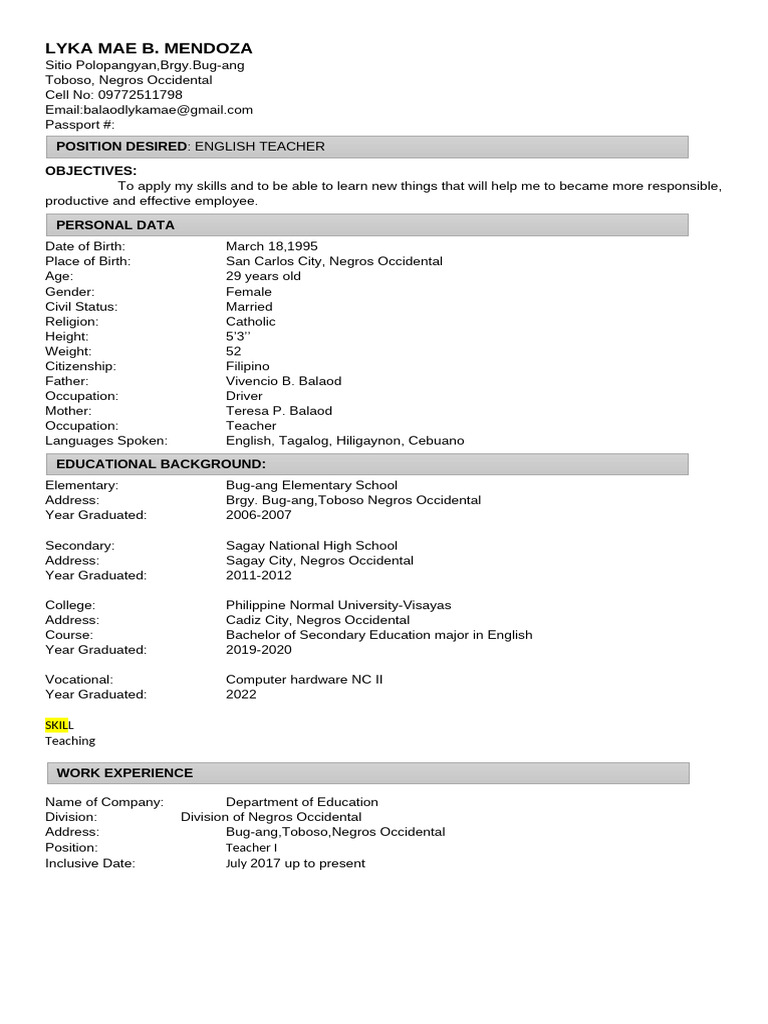 Lyka Mae B. Mendoza's Resume | PDF
