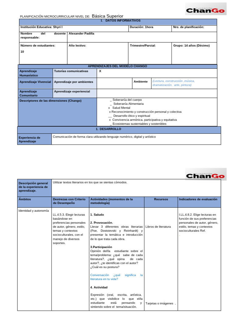 Planificación Básica Superior Modelo ChanGO Tutorias Comunicativas | PDF | Aprendizaje | Autor