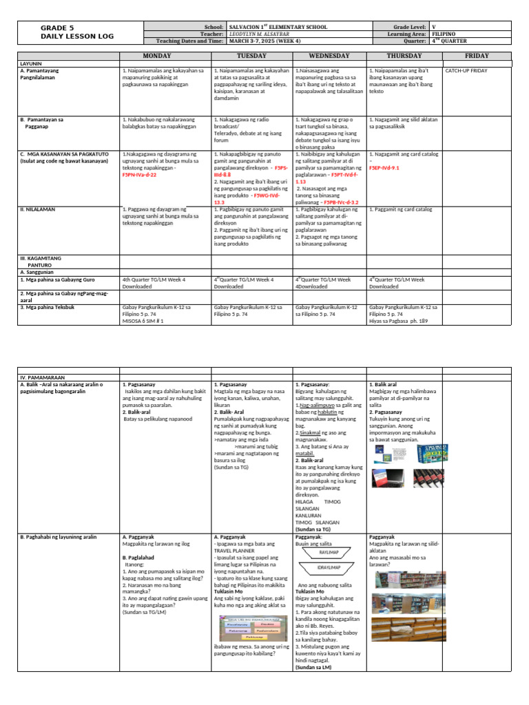 Grade 5 DLL FILIPINO 5 Q4 Week 4 | PDF