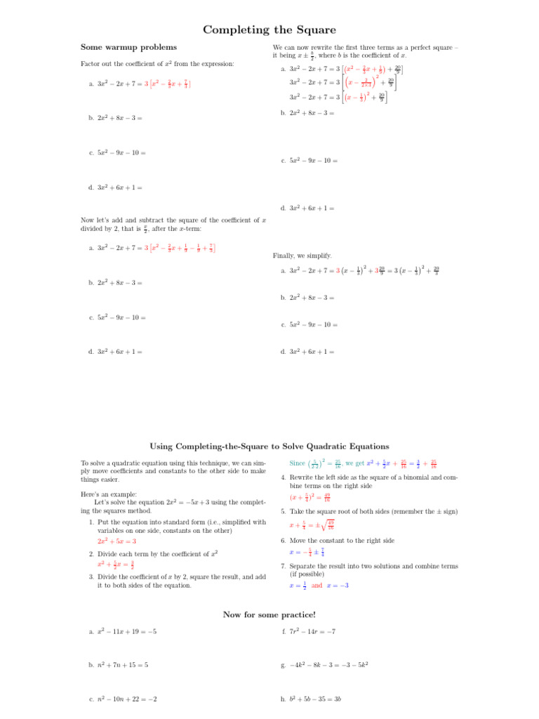 Quadratic Equations - Completing The Square | PDF | Mathematical Objects | Algebra