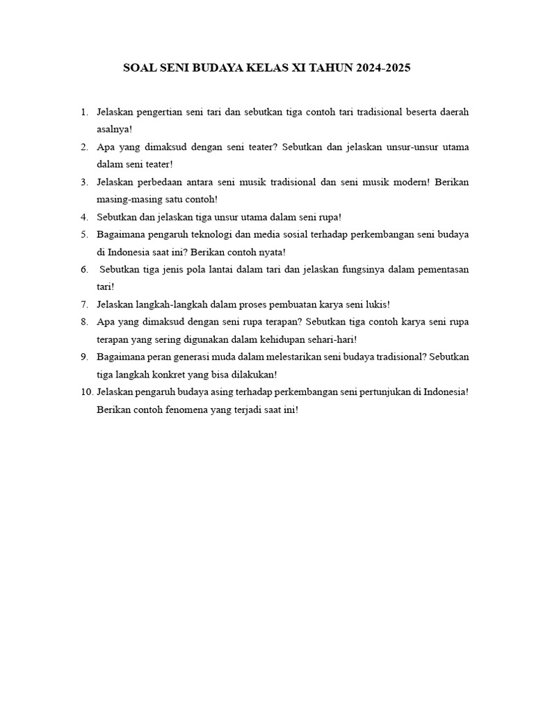 SOAL SENI BUDAYA KELAS XI TAHUN 2024 | PDF
