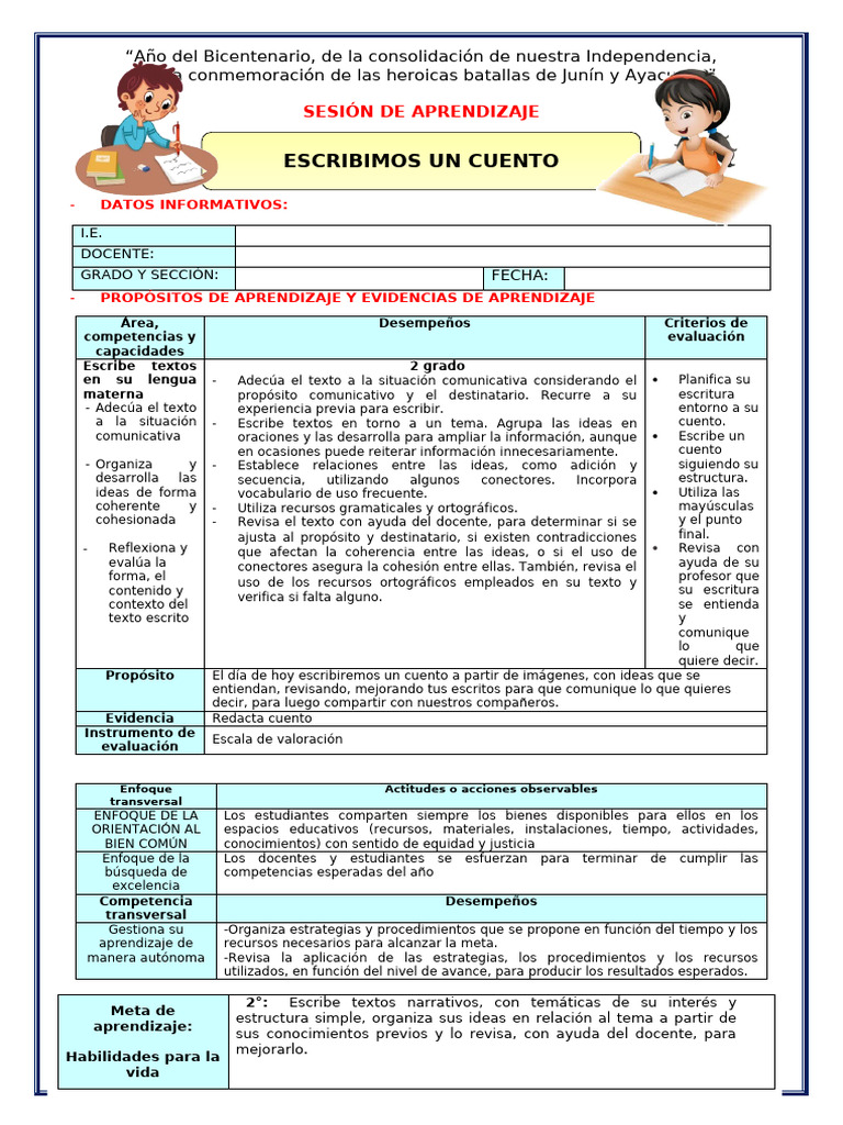 2º U8 S1 SESION D3 COM ESCRIBIMOS UN CUENTO 998591174 | PDF | Aprendizaje | Evaluación