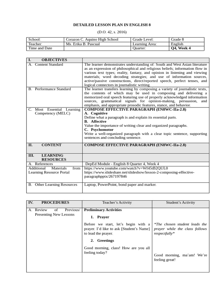 Detailed Lesson Plan Jhs | PDF | Thought | Learning