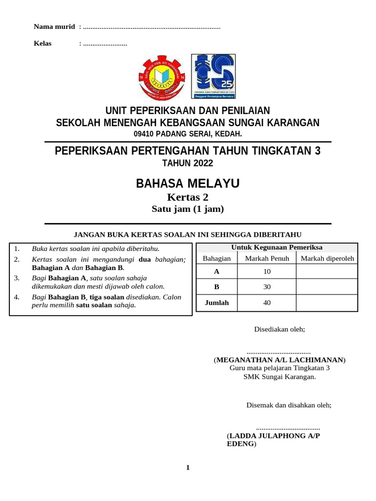 Bahasa Melayu Peperiksaan Pertengahan Tahun Tingkatan 3 Pdf