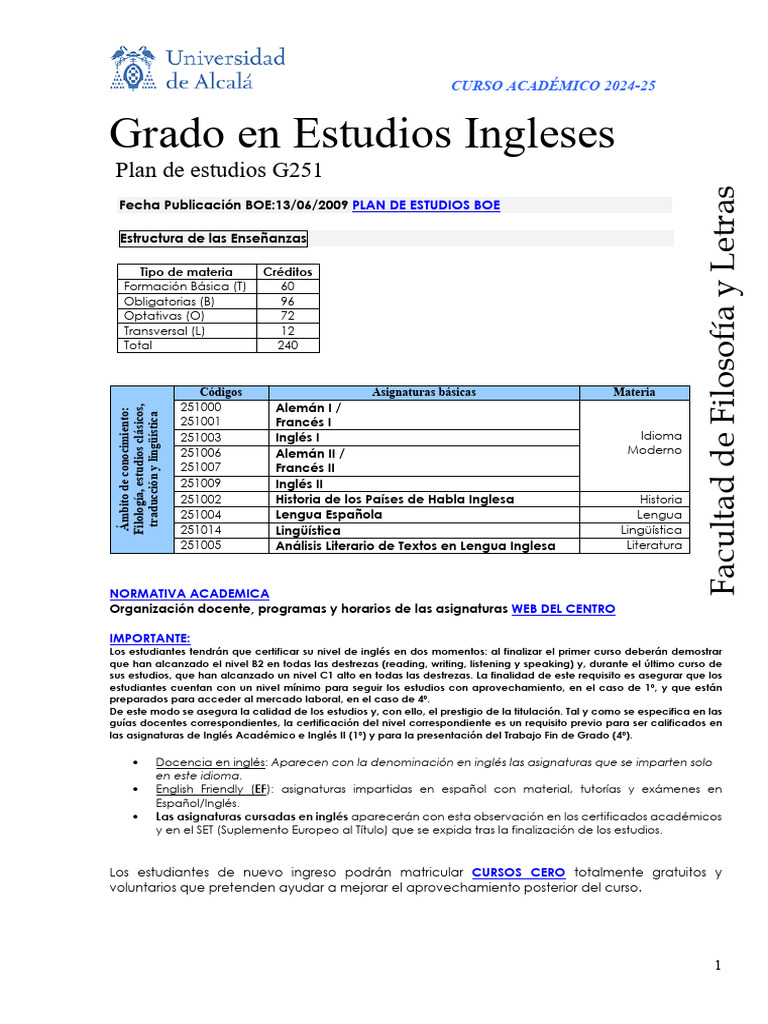Grado en Estudios Ingleses: Plan de Estudios G251 | PDF | Estudios de ...