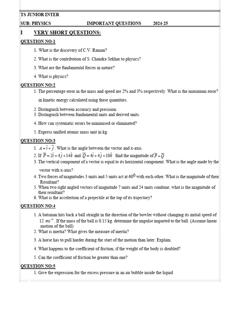 Jr Physics Imp Questions 2025 | PDF | Collision | Angular Momentum