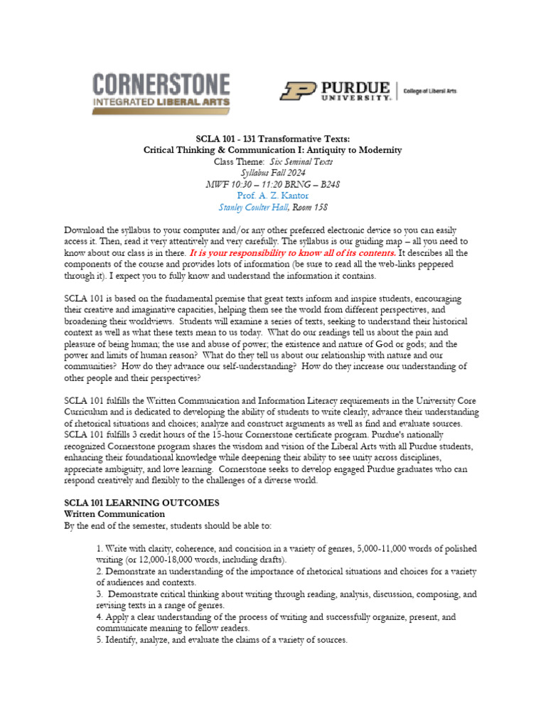 Purdue Scla 101 131 Syllabus Fall 24 | PDF | Sophocles | Academic Integrity