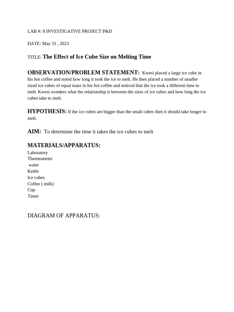 Ice Cube Size vs. Melting Time Experiment | PDF | Ice | Heat