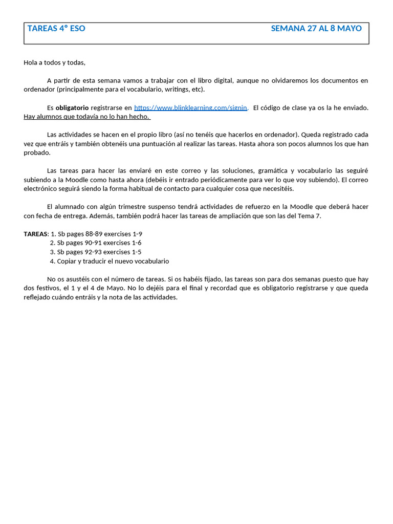 Tareas 4º ESO: Uso de Blinklearning | PDF