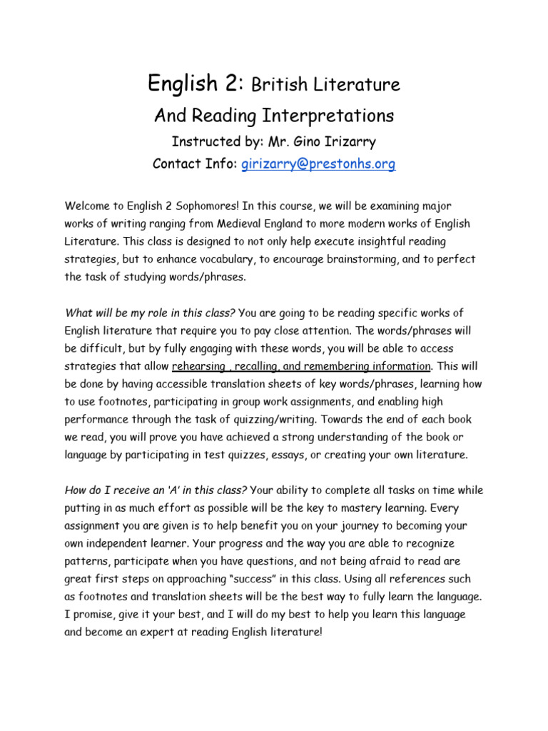 English 2 - British Literature Syllabus - Policies | PDF | Translations ...
