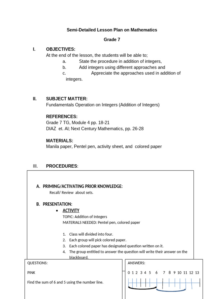Grade 7 Lesson Plan: Adding Integers | PDF | Mathematics