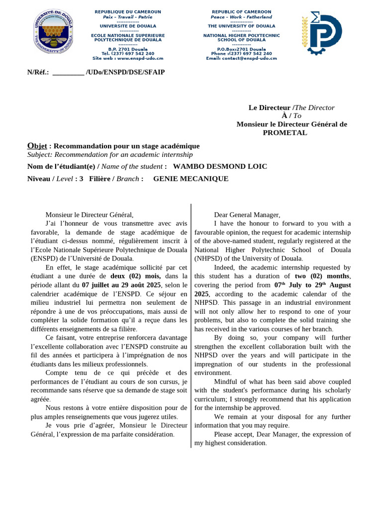 Recommandation de stage à Prometal 2025 | PDF