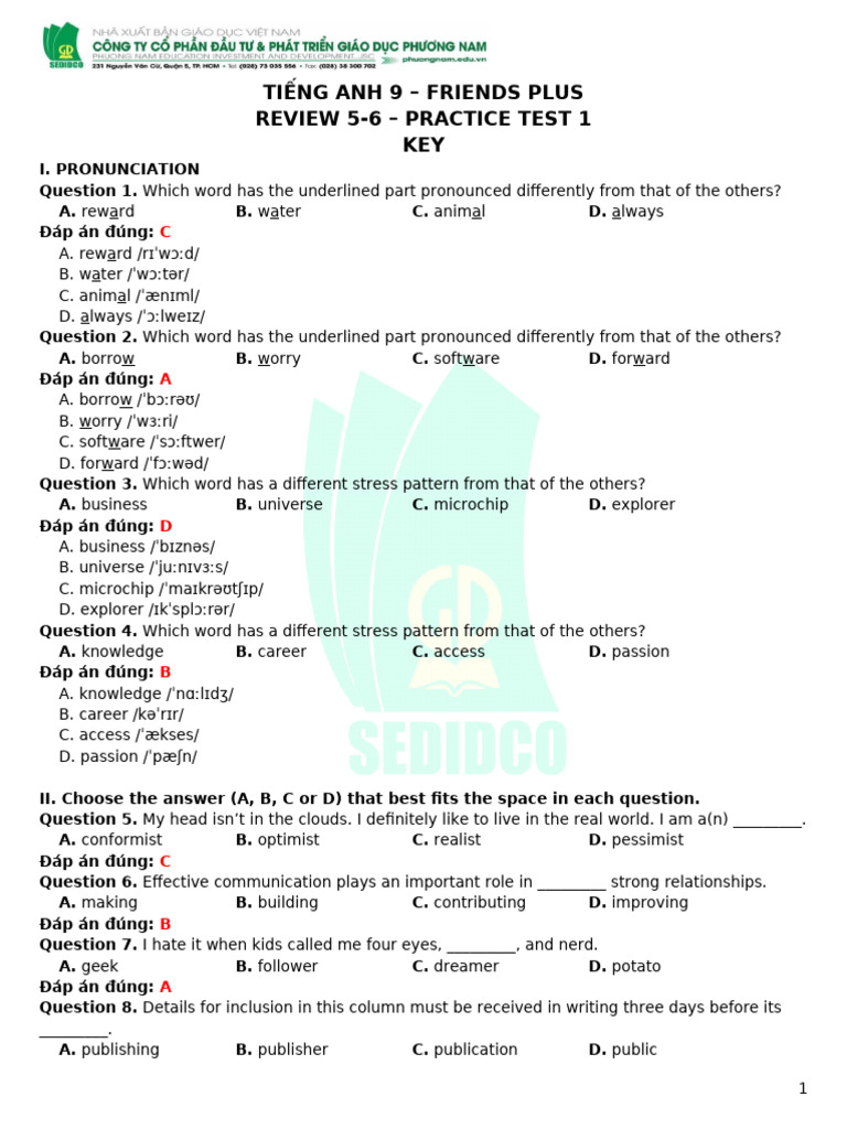 TA 9 Friends plus Review 5-6 Practice Test 1 - KEY (Revised) | PDF ...