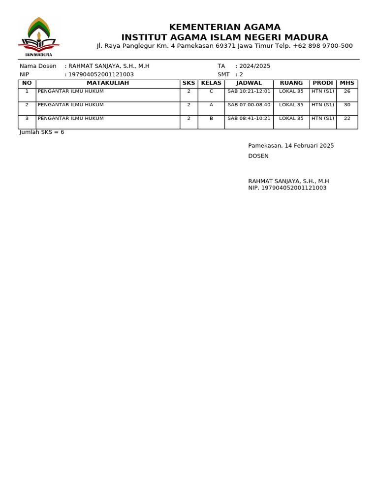 JADWAL MENGAJAR Rahmat Sanjaya S.H. M.H Genap20242025 | PDF