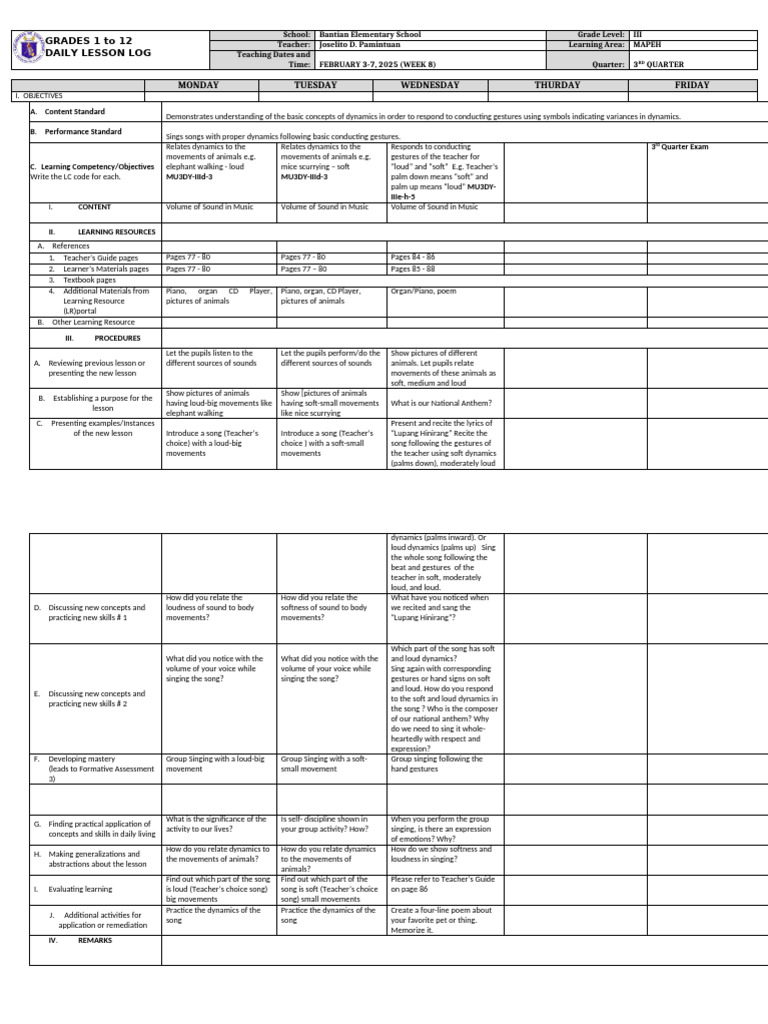 DLL_MAPEH 3_Q3_W8 (1) | PDF | Teachers | Learning