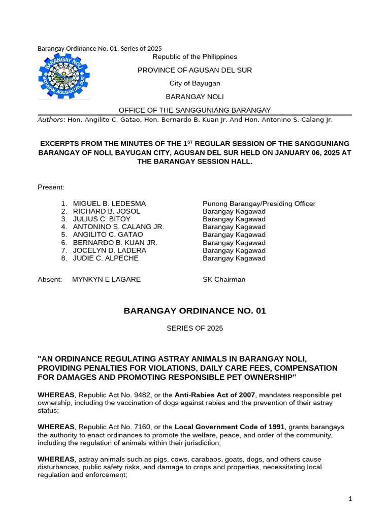 Ordinance 01. 2025. Stray Animals | PDF | Livestock | Justice