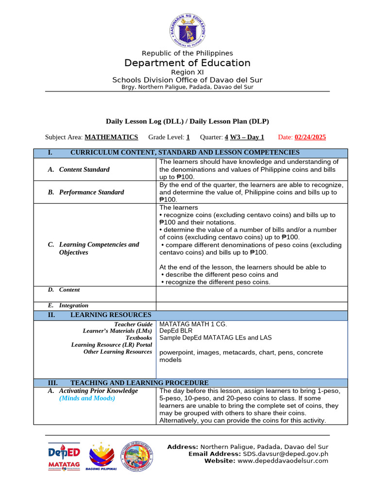 Grade 1 Math Lesson on Philippine Currency | PDF | Coins | Learning