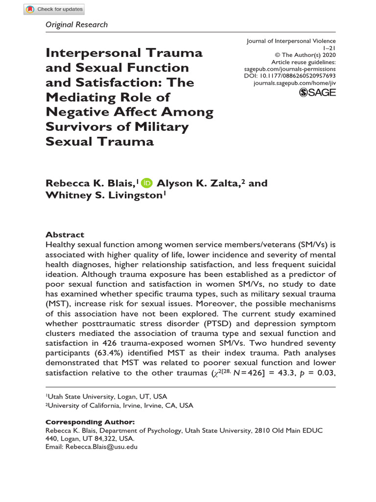 Interpersonal Trauma and Sexual Function and Satisfaction: The ...