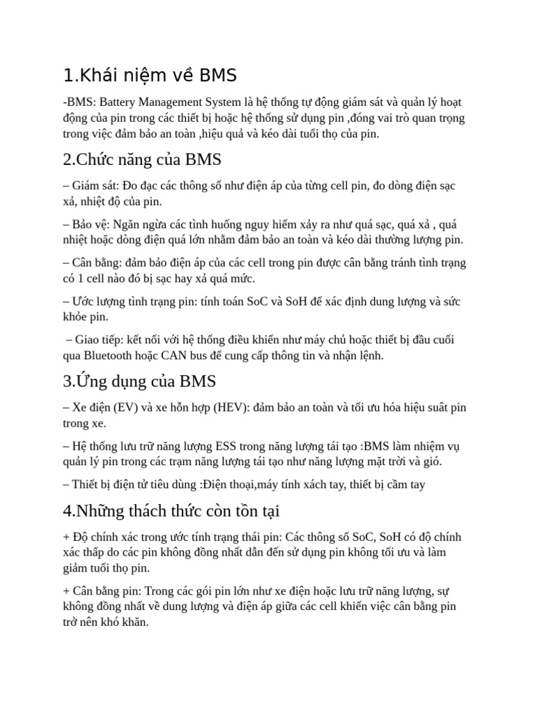1.Khái niệm về BMS: 2.Chức năng của BMS | PDF